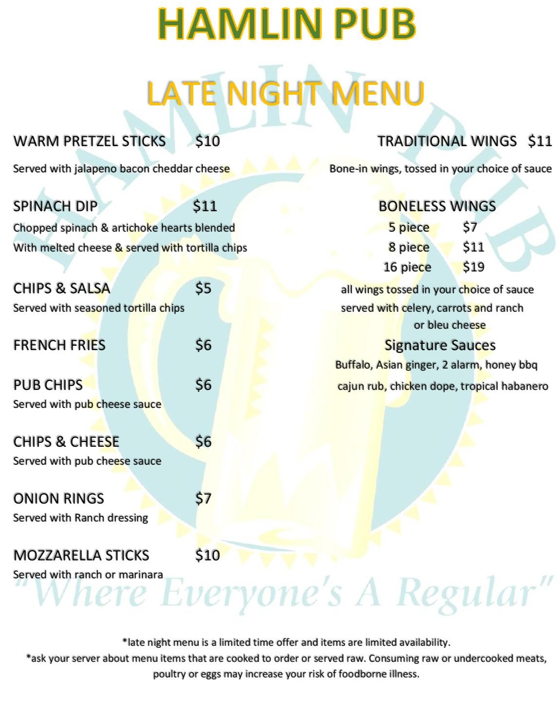 Late Night Menu – Hamlin Pub